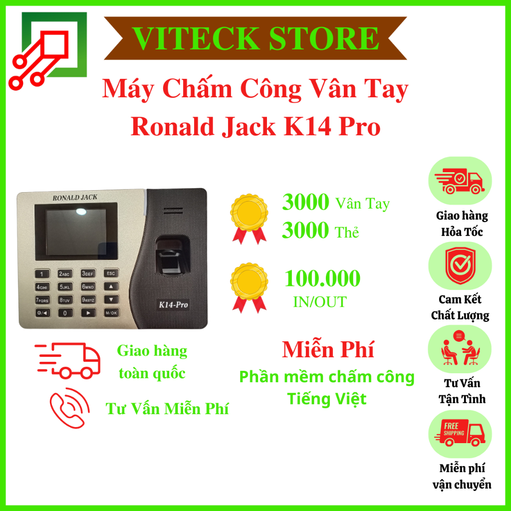Máy Chấm Công Vân Tay Và Thẻ Ronald Jack K14 Pro - Bảo mật cao - Tặng phần mềm Miễn phí trọn đời ...