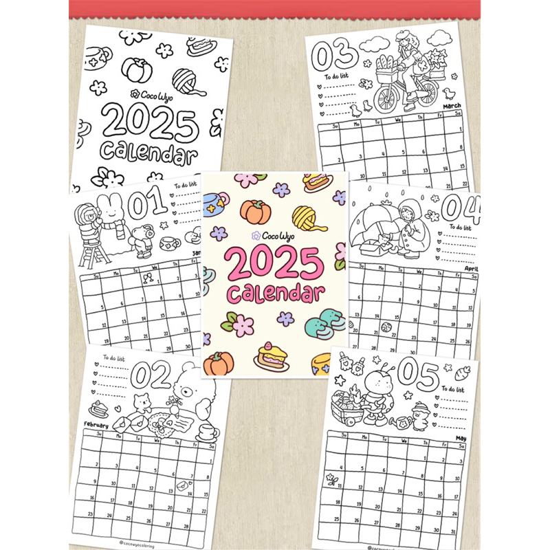 (Giấy 180gsm) Tổng hợp Tranh tô màu “Lịch 2025 Calendar” nhiều tác giả ...