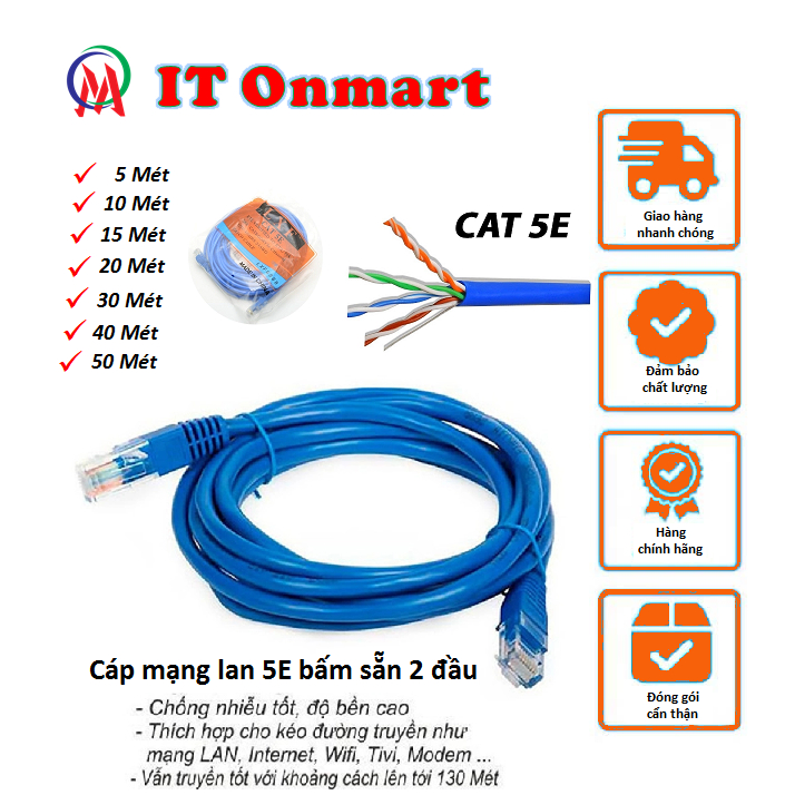 Cáp Mạng Lan 5E bấm sẵn 2 đầu nhiều kích thước 5M, 10 M, 15M, 20M, 30 M, 40 M, 50 M | Shopee ...