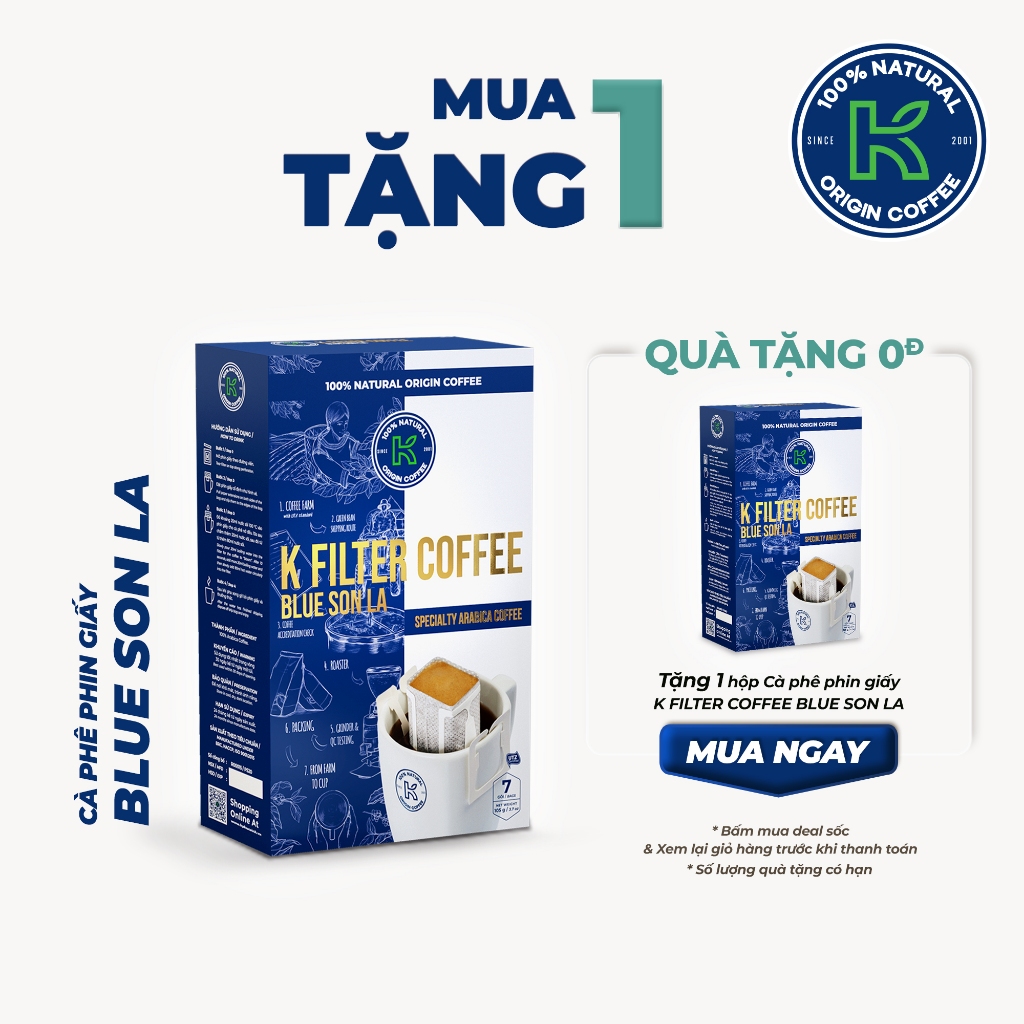 [MUA 1 TẶNG 1] Cà Phê Phin Giấy 100% Arabica K Coffee Filter Blue Son La 105g (Hộp 7 gói x 15g ...