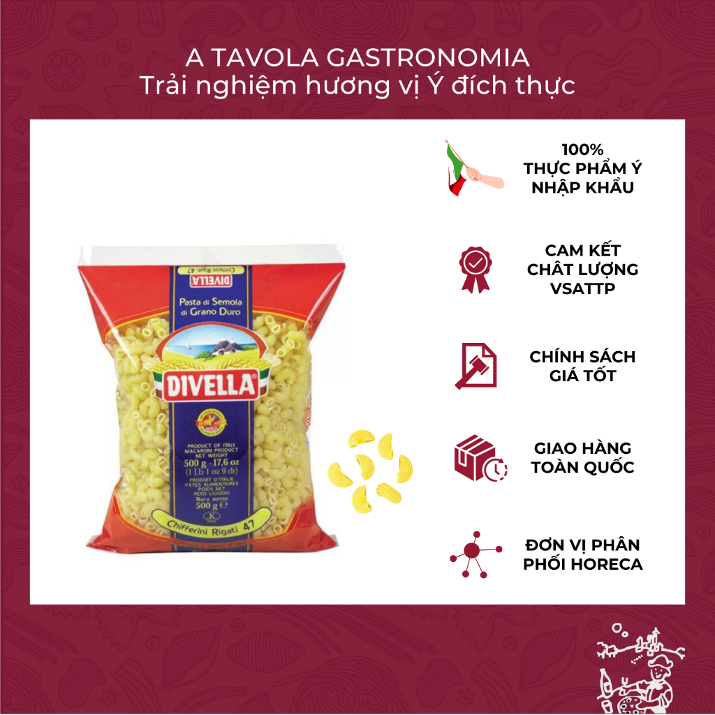 Mì Ý Nui Chifferini Rigati ống DIVELLA gói 500g [Mỳ Ý Macaroni Pasta ...