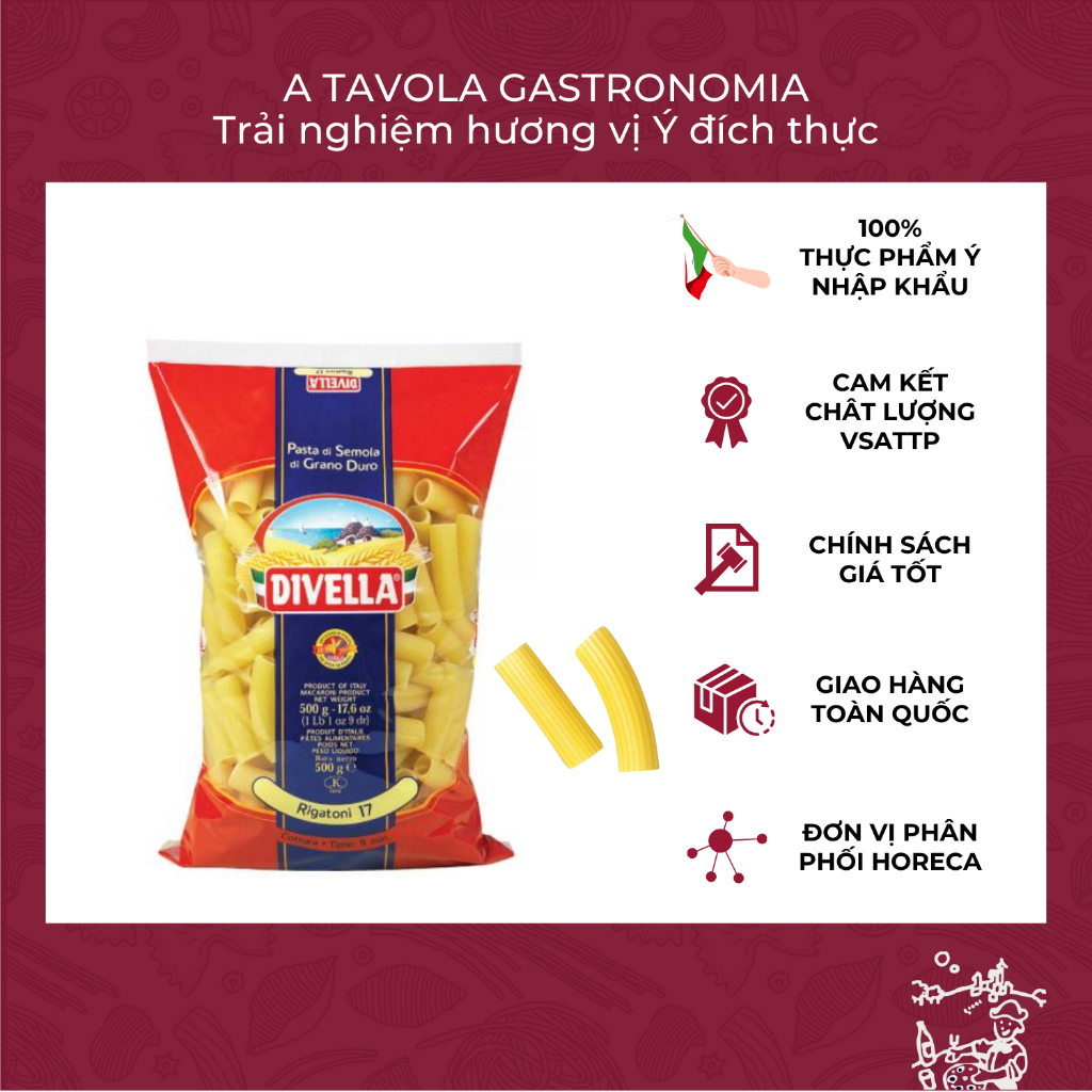 Mì Ý Nui Rigatoni Rigati ống DIVELLA gói 500g [Mỳ Ý Pasta Chính Hãng ...