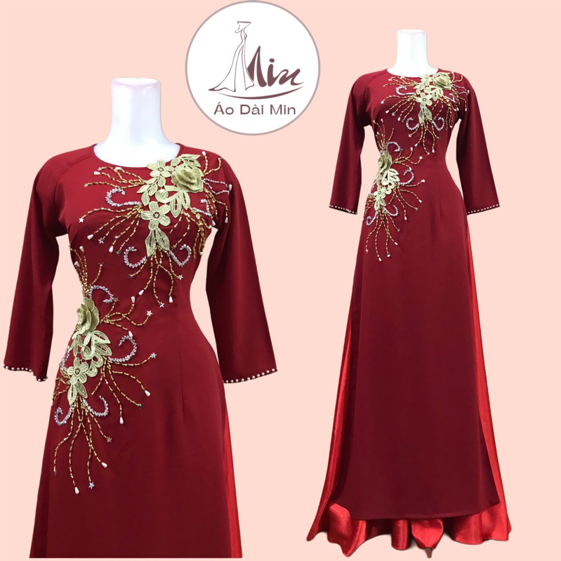 Áo Dài Mẹ Đỏ Đô Cổ Tròn Tay Lỡ Đính Hoa Ren Trên Thân Thủ Công Sang Chảnh Chất Lụa Thái Dài Dặn ...