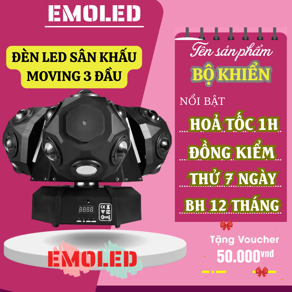 Đèn led sân khấu moving 3 đầu EMOLED 18 bóng led màu xoay 360 độ cho ...