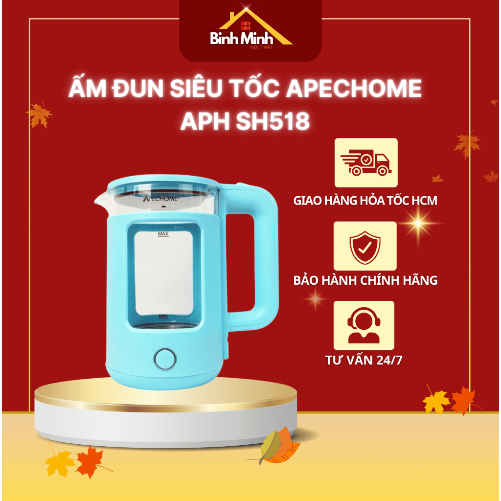 Ấm đun siêu tốc APECHOME APH SH518C dung tích 1,8L chất liệu thủy tinh viền thép cao cấp ...