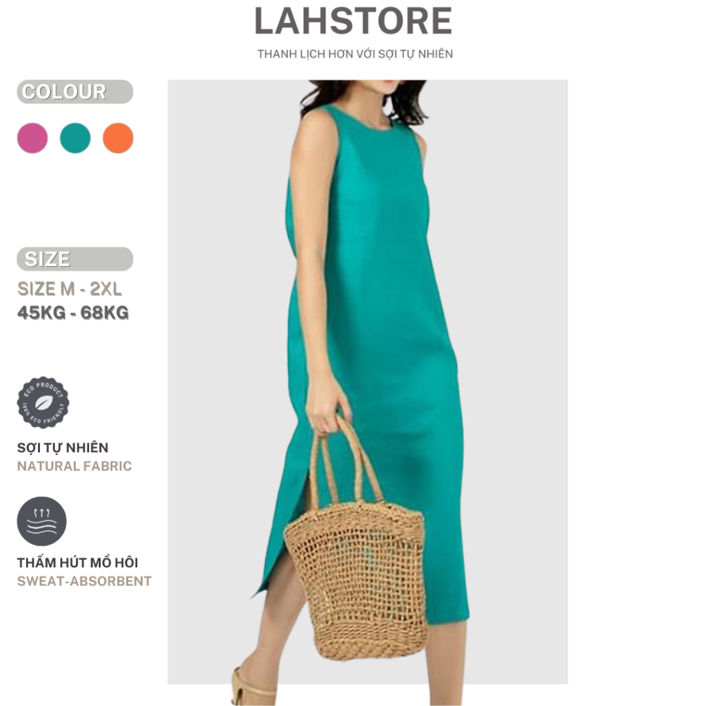 Đầm suông linen LAHSTORE, sát nách, dáng yếm, nơ lưng DS02 (Xanh Mint ...