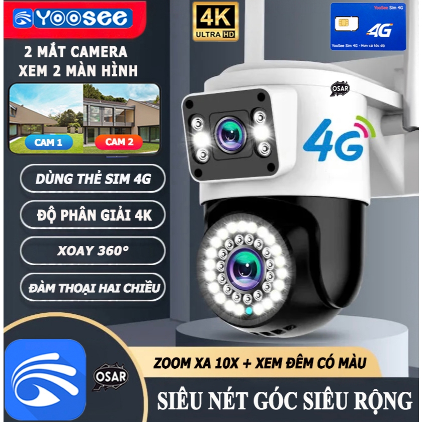 Camera IP YooSee PTZ 4G 2 MẮT 8MPX, SIM 4G Tương Thích, Xem 2 Màn Hình Đồng Thời, Zoom 10X ...