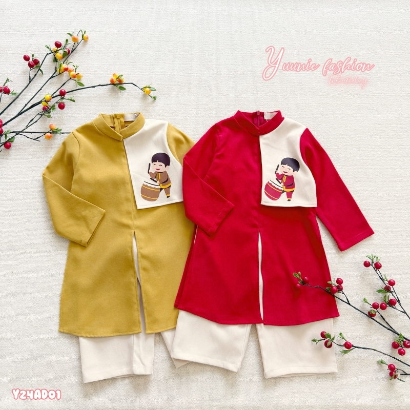 Bộ áo dài bé trai Yuunie chất liệu nhung chéo mềm mịn hình in đánh ...