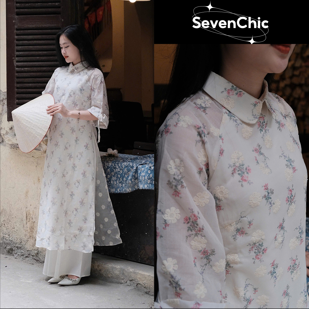 Áo Dài Dáng Suông Hoa Thêu Cổ Sen Phối Tay Đính Nơ Kèm Quần SevenChic Aodai9558 | Shopee Việt Nam