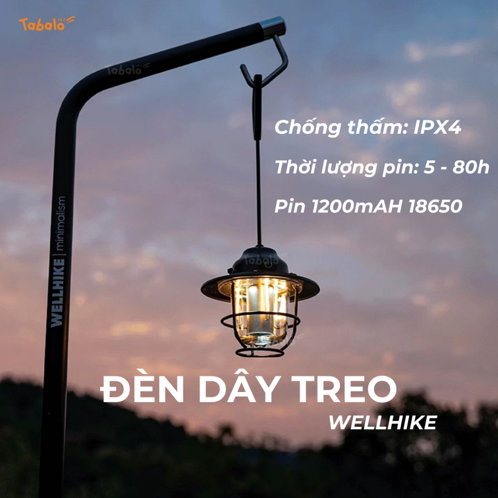 Đèn dây treo Well Hike - Đèn camping, dã ngoại ngoài trời nhỏ gọn, chống nước, cổng sạc Type C ...