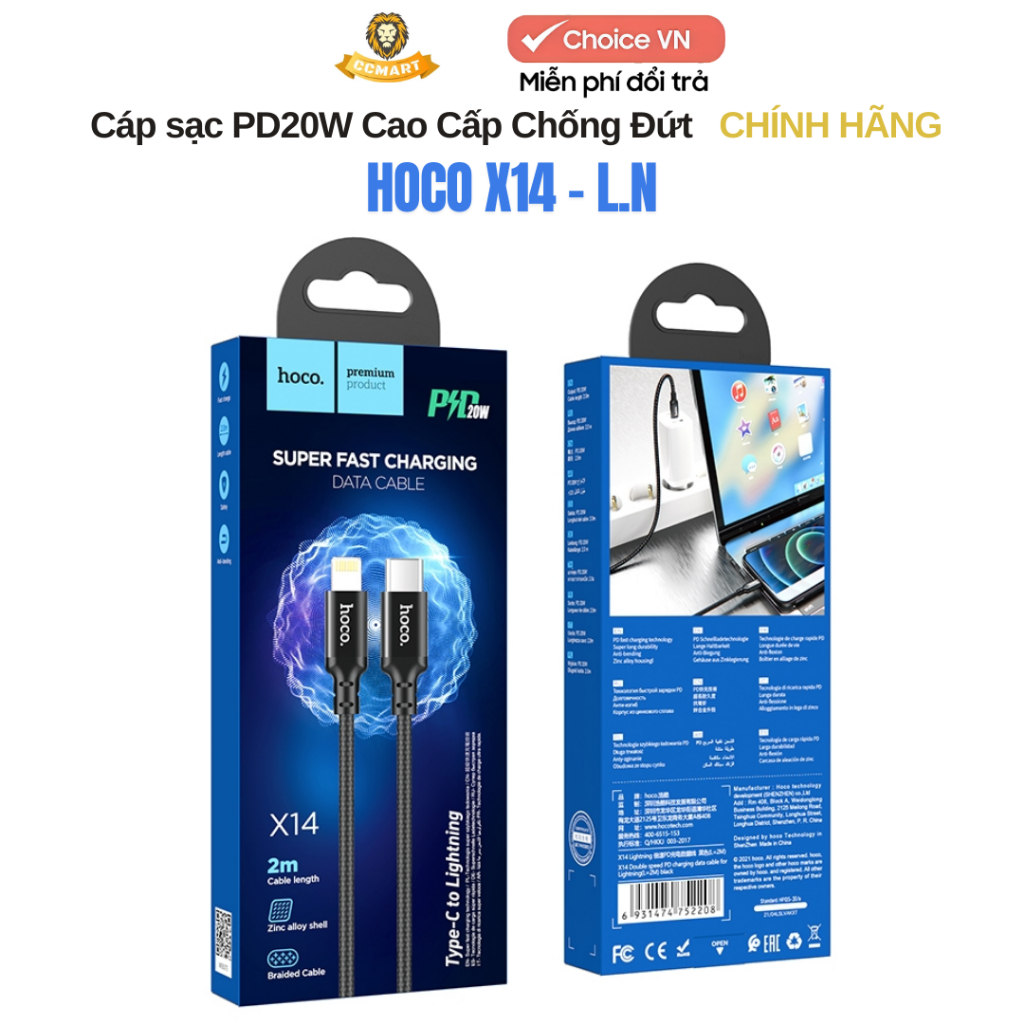 [Choice] Cáp sạc Hoco X14 PD20W Type-C to LN HOCO dây bọc dù chống đứt, dài 1m/2m (ĐEN) EL1-0792 ...