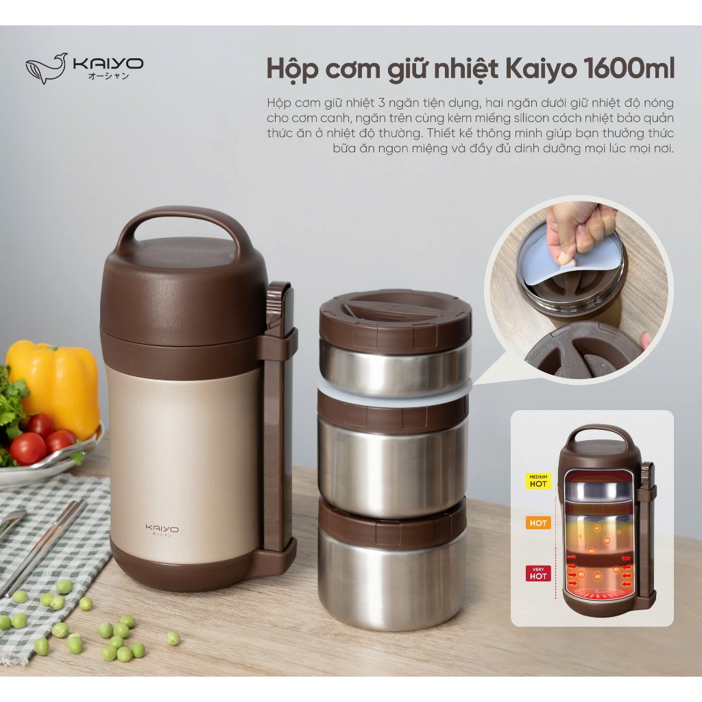 Bộ hộp cơm giữ nhiệt Kaiyo màu nâu đồng siêu xinh dung tích 1600ml thiết kế 2 tầng nhiệt - đi ...