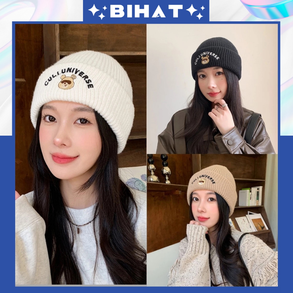 Mũ len, Nón len mũ mùa đông ấm áp nón trùm tai thời trang nam nữ thêu ...