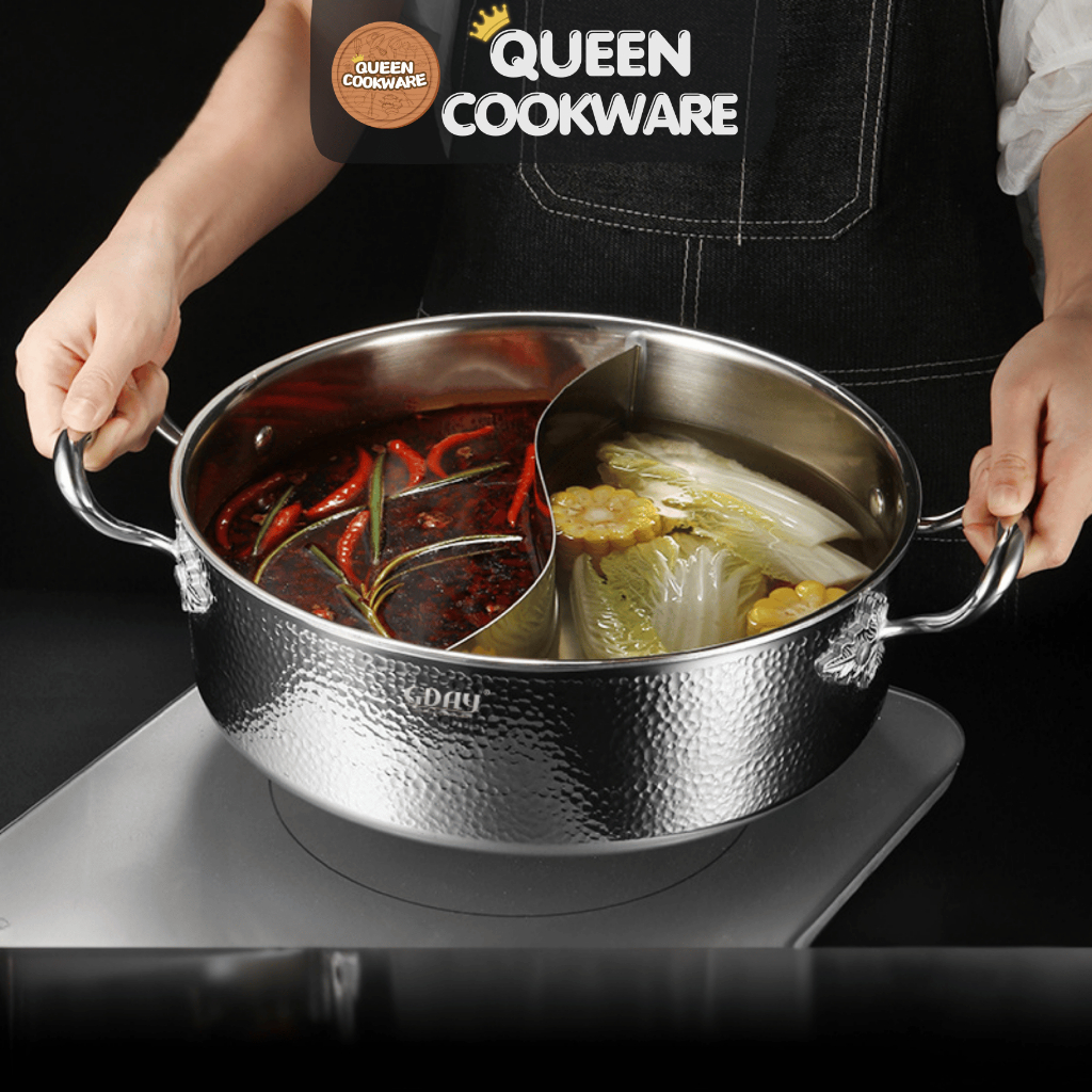 Nồi lẩu 2 ngăn inox có nắp sang trọng cao cấp - QUEEN COOKWARE | Shopee Việt Nam