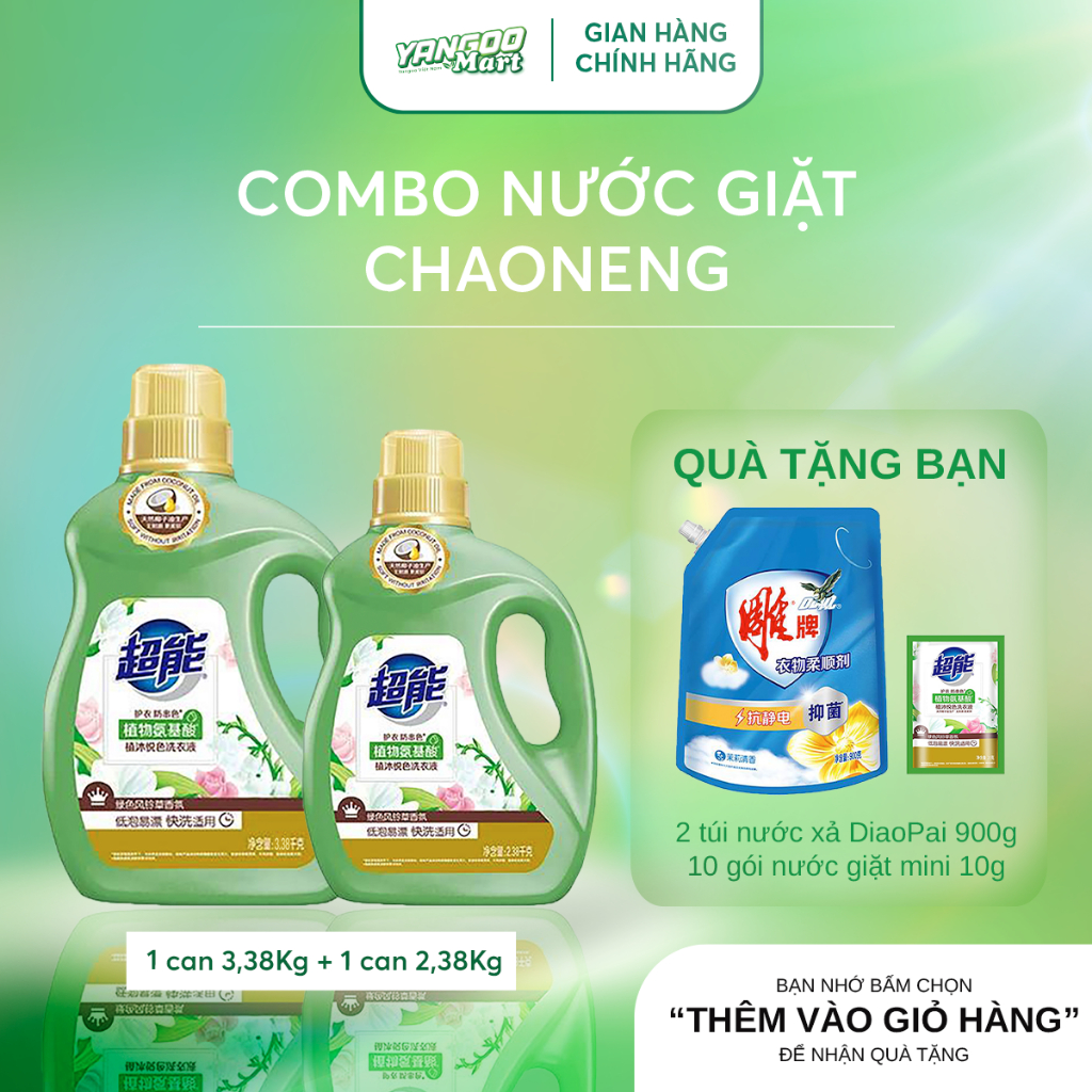 [COMBO SIÊU TIẾT KIỆM] Nước Giặt Hữu Cơ CHAO NENG 3.38Kg + 2.38Kg - Tặng 2 Túi Nước Xả 900g + 10 ...