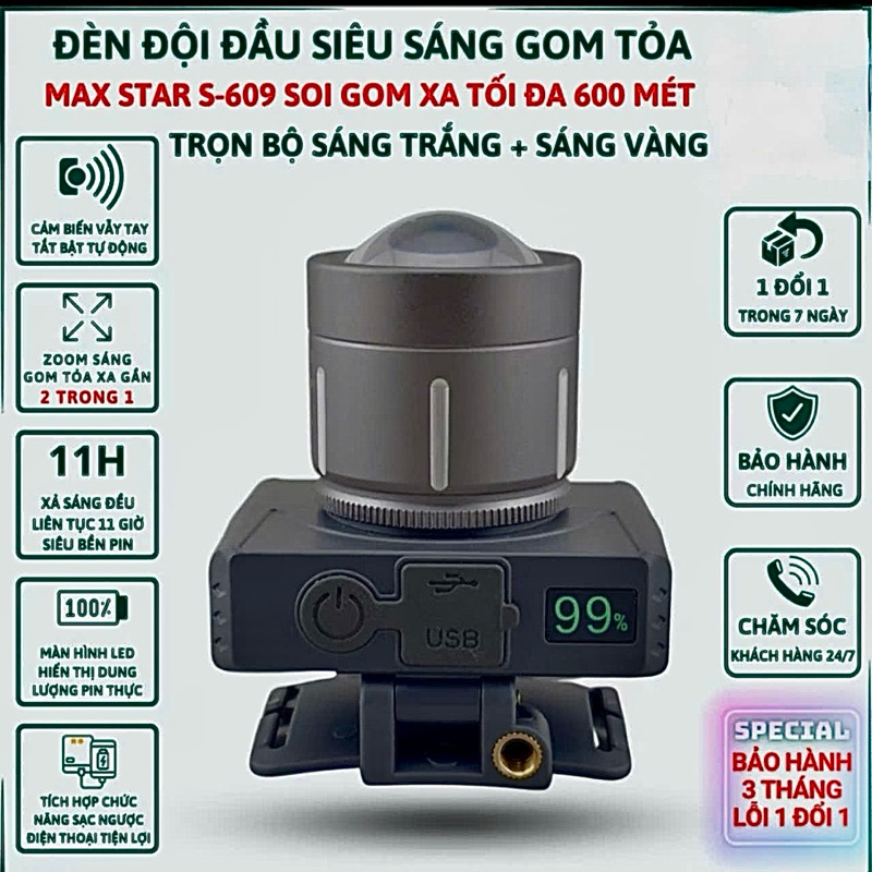 Đèn pin đội đầu siêu sáng S609 zoom xa sáng toả ,pin trâu chống nước , có chế độ cảm biến,đèn ...