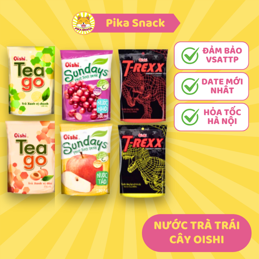 Nước trà trái cây Oishi Tea Go, Sundays, T Rexx PIKA SNACK đa dạng ...