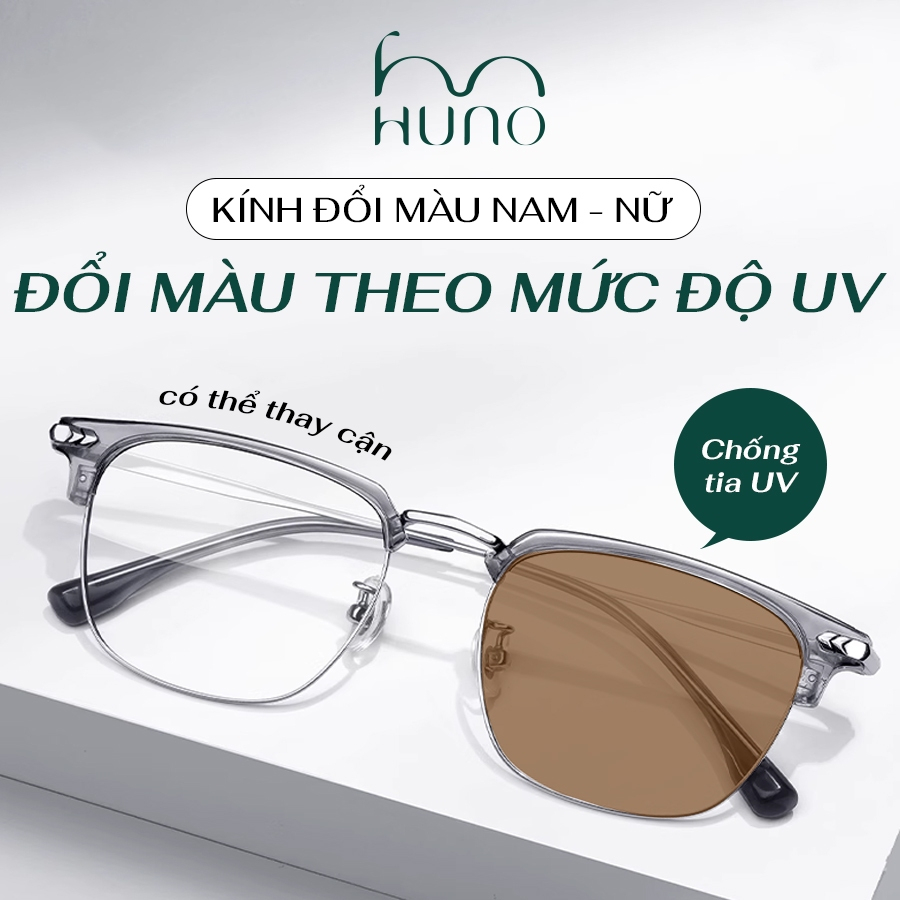 Kính đổi màu Nam Nữ HUNO Cao Cấp 2025 thiết kế gọng vuông kim loại thời trang chống ánh sáng ...
