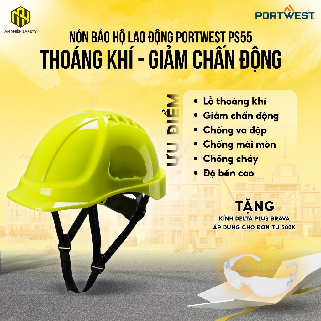 Nón Bảo Hộ Lao Động Portwest PS55, Nhựa ABS Chống Va Đập, Có Lỗ Thoáng Khí, Giảm Chấn Động Cực ...