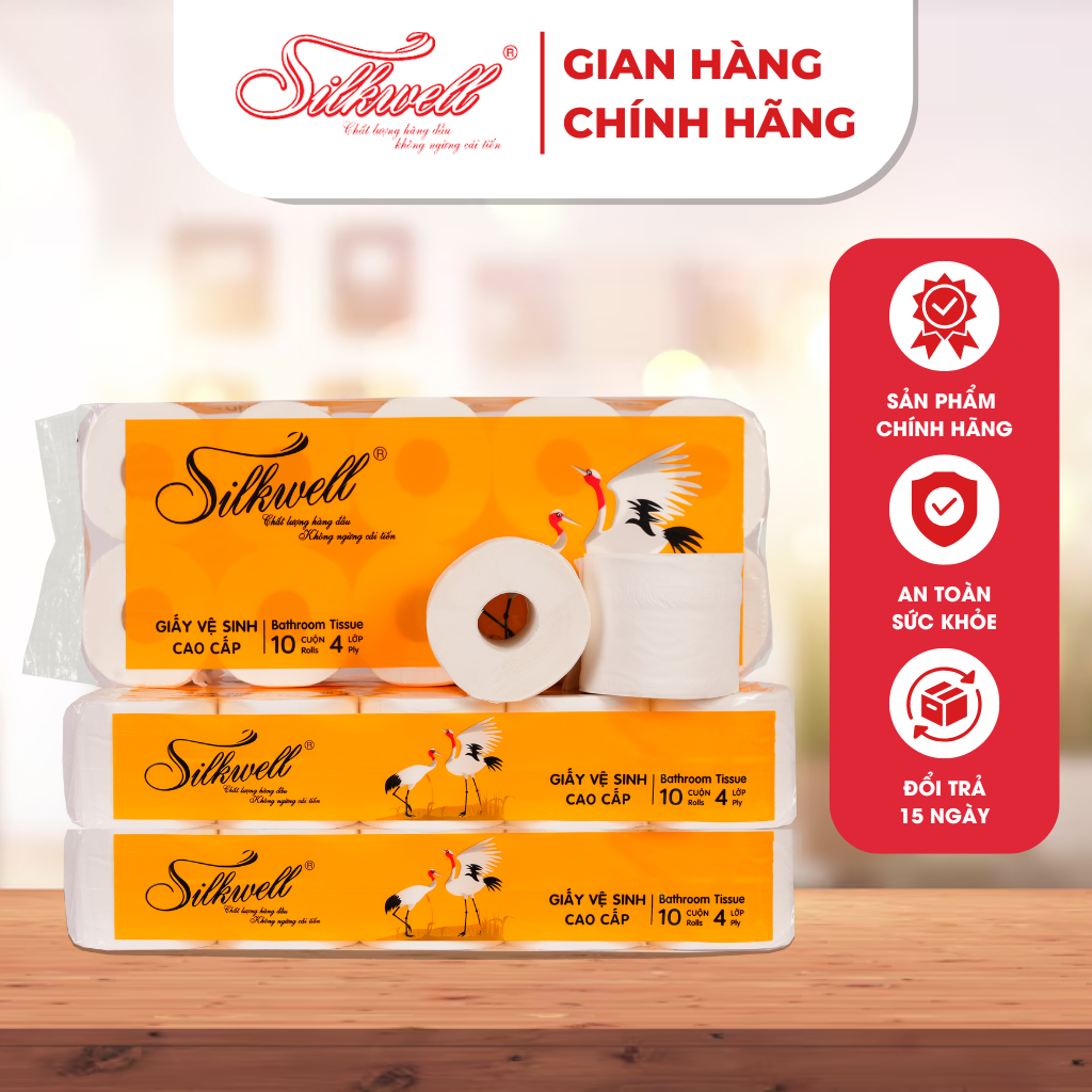 Giấy vệ sinh Silkwell Sếu 10 cuộn 4 lớp có lõi hàng cao cấp siêu mềm ...