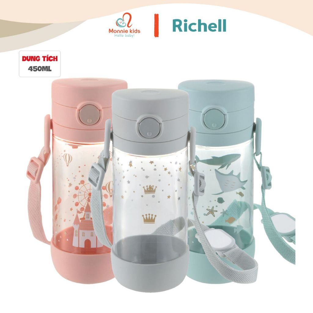 Bình ống hút tập uống nước Richell Axstars 450ml cho bé 7M+, ly nước trẻ em chống tràn - Monnie ...