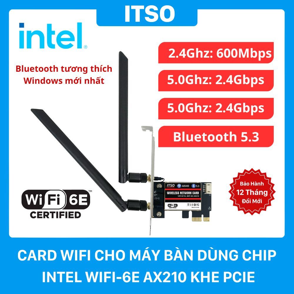 Card WIFI 6E dùng chip Intel AX210 khe cắm PCI dùng cho máy bàn ...
