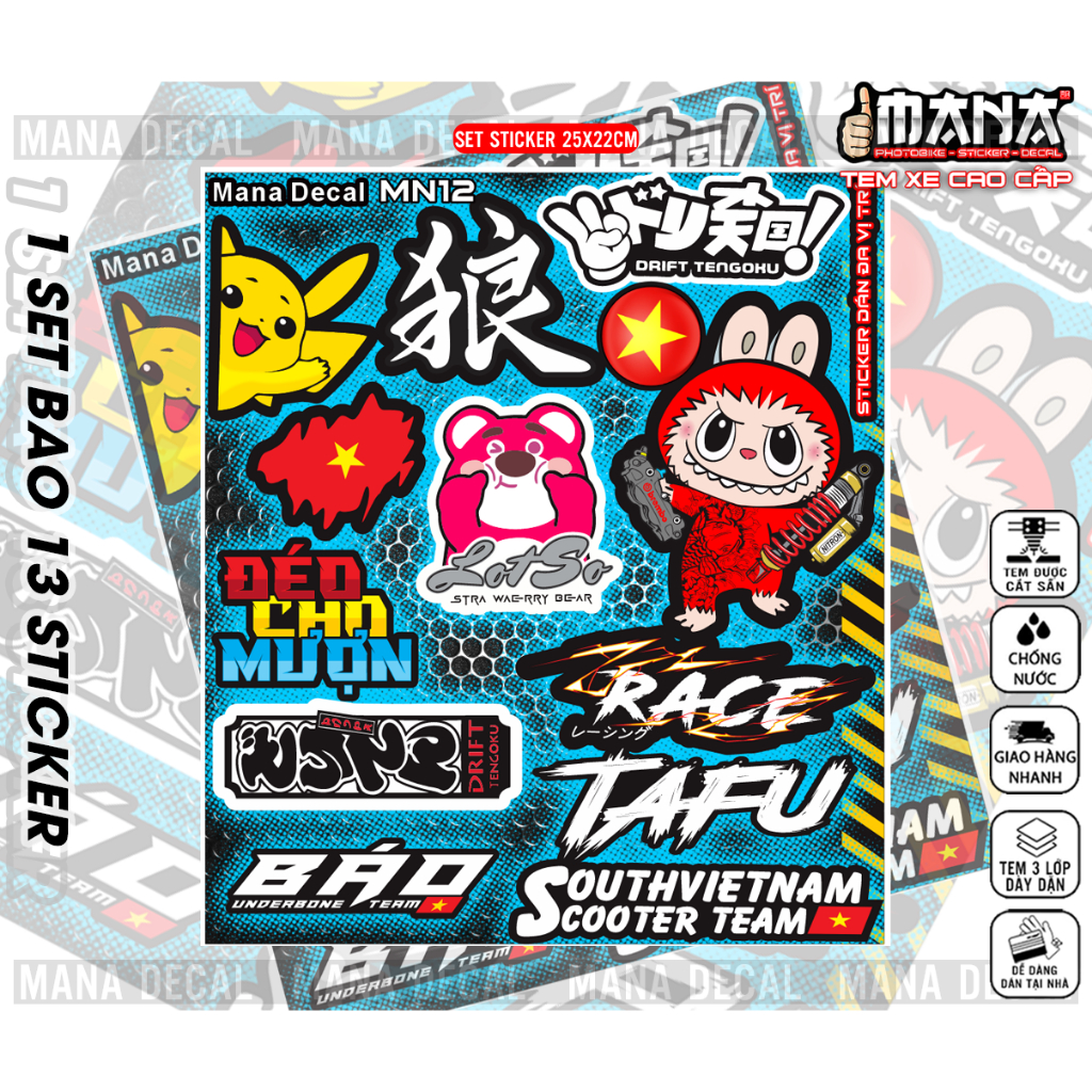 Tem dán xe, labubu dán xe pikachu, chữ tafu dán đa vị trí,Sticker dán ...