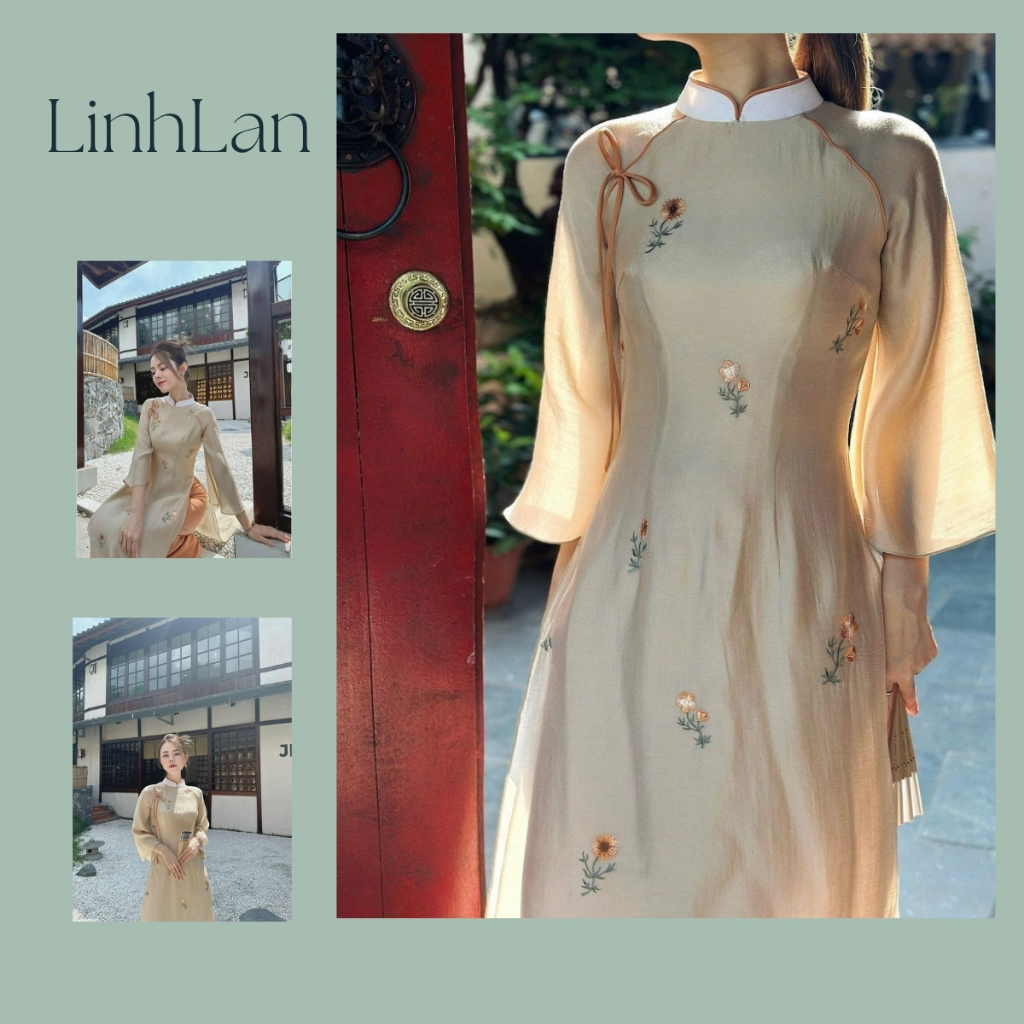 Áo Dài Cách Tân Crep Kem Thêu Hoa LinhLan May Sẵn Dáng Ôm Đính Nơ Cổ ...