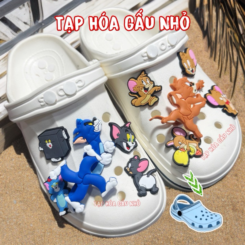 Bộ nút gắn dép Sticker MÈO CHUỘT CHẠY,XOAY trang trí dép Cà Rốc,Dép Sục ...