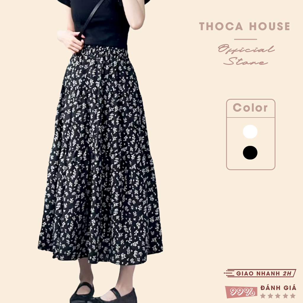 Chân váy dáng dài xoè hoa nhí lưng thun THOCA HOUSE chân váy midi vải đũi có lót freesize ...