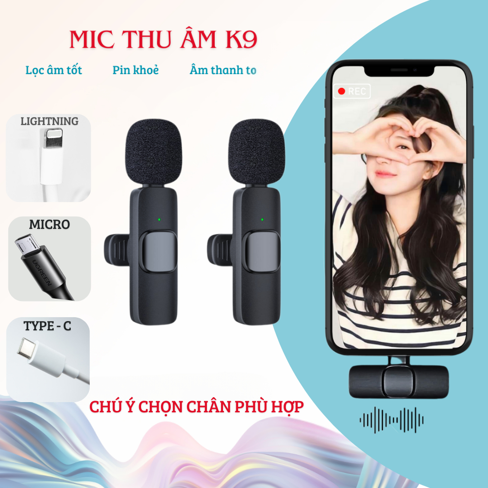 Mic thu âm không dây k9 lọc âm tốt giảm ồn dùng quay video, livestream ...