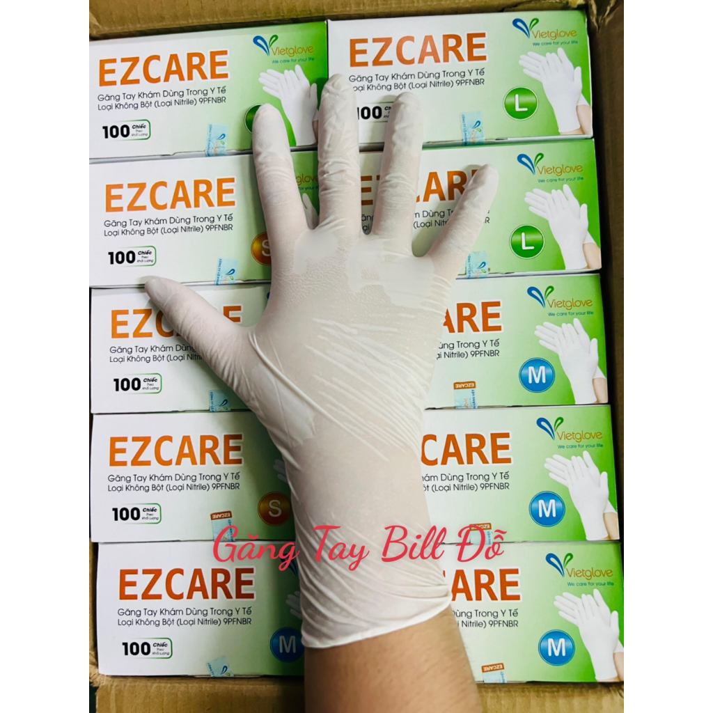 Hộp 100 Chiếc Găng tay cao su y tế Nitrile Màu Trắng KHÔNG BỘT VIETGLOVE EZCARE Màu Trắng size-S ...