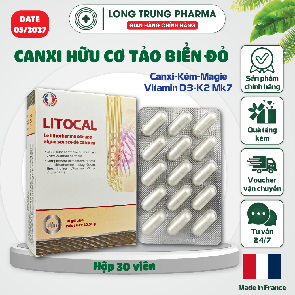 Canxi tảo biển đỏ Litocal bổ sung Canxi Vitamin D3 K2 Magie cho Mẹ bầu, Người loãng xương (Hộp ...