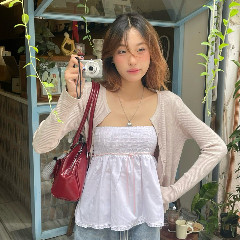 Áo ống kiểu nhún thun ngực babydoll viền ren hoa nhí phối ruy băng buộc ...