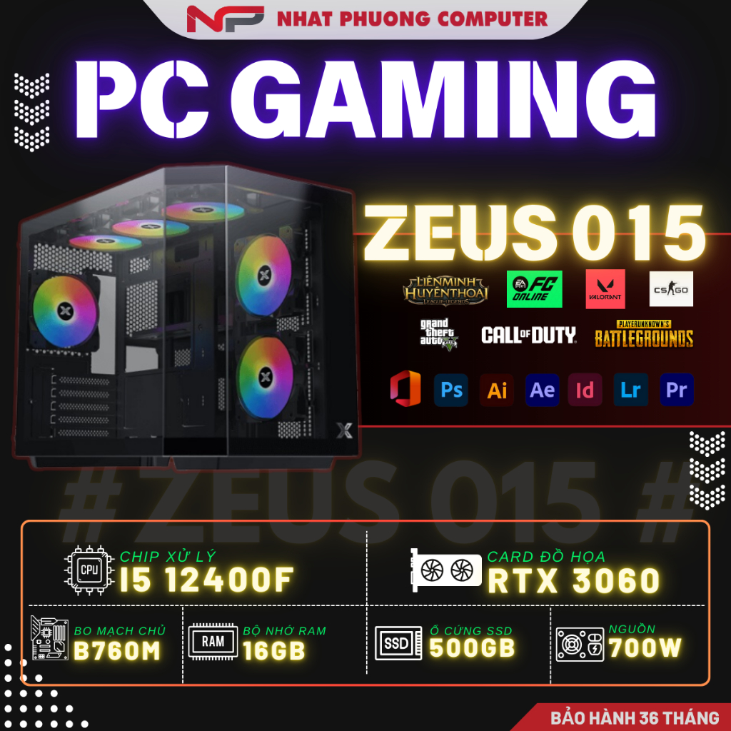 Bộ máy tính bàn PC ZEUS GAMING 015 (i5 12400F/ RTX 3060 12G / RAM16G ...