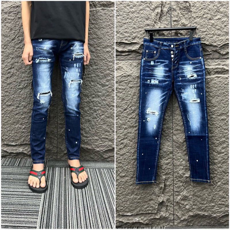 Quần jeans xanh đê quyy vá rách vẩy sơn to 2222 | Shopee Việt Nam