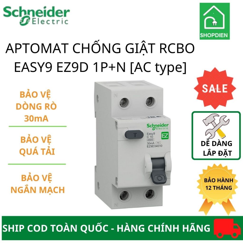 Schneider RCBO 1P+N 16A-20A-25A-32A-40A 30mA Easy9 Aptomat cầu dao chống giật chống rò điện ...