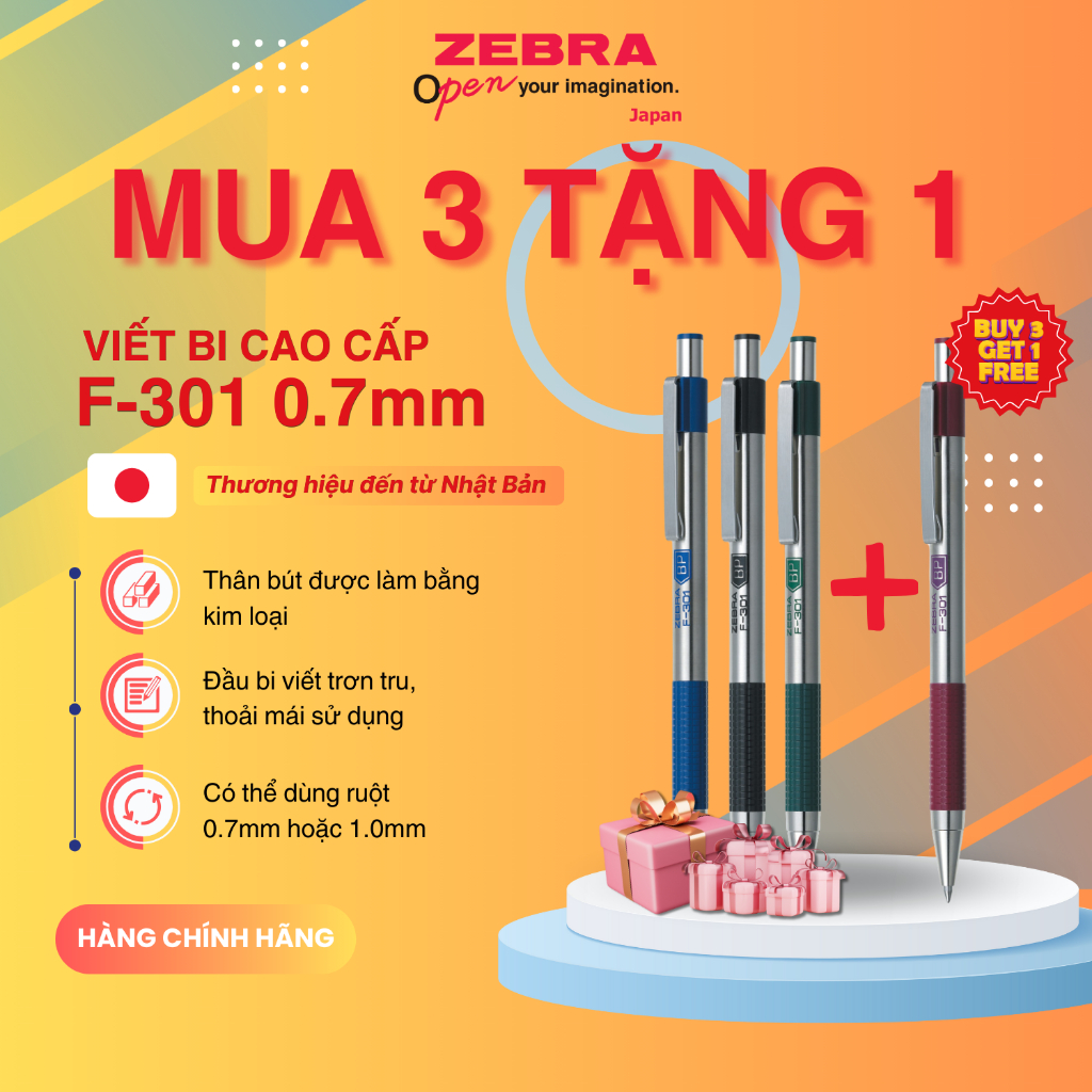 [MUA 3 TẶNG 1] Viết bi bấm kim loại F301 0.7mm Zebra - Nhật [Chính Hãng] - mực xanh | Shopee ...