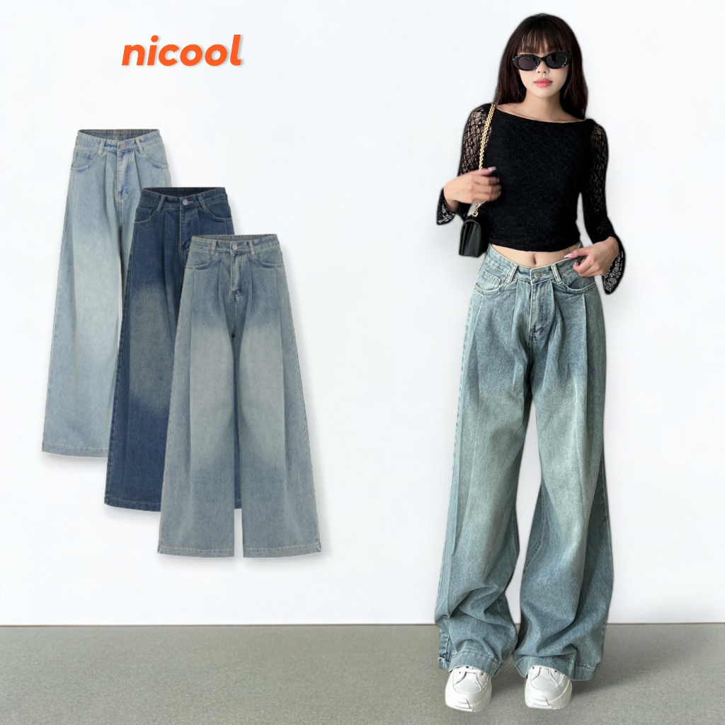Quần jeans nữ NICOOL dáng suông dài ống rộng xếp ly lưng cao tôn dáng ...