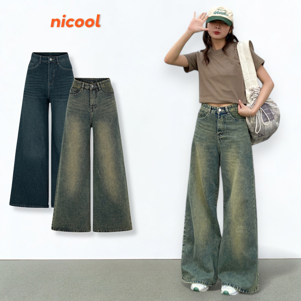 Quần jeans nữ NICOOL ống suông rộng màu xanh wash cá tính, quần bò cạp ...