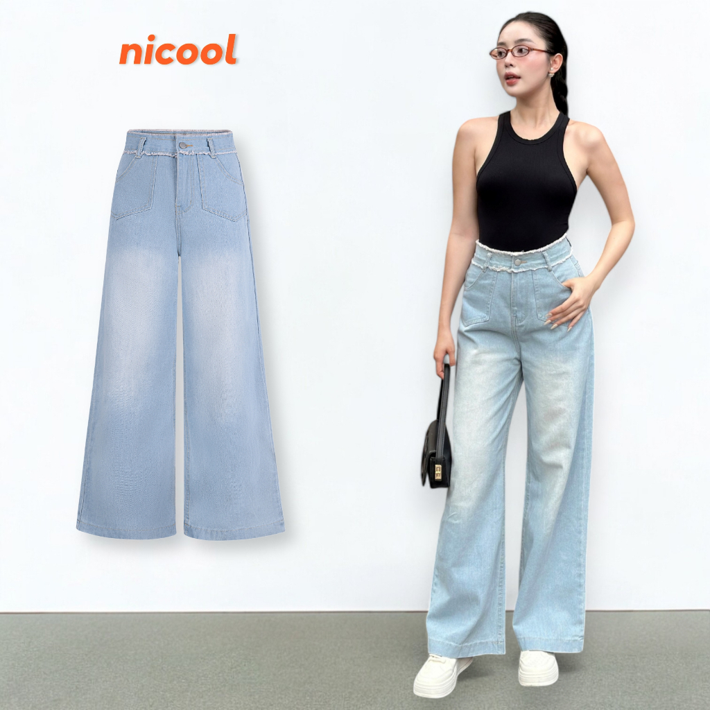 Quần jeans nữ suông dài ống loe rộng màu xanh nhạt wash lưng tua rua ...