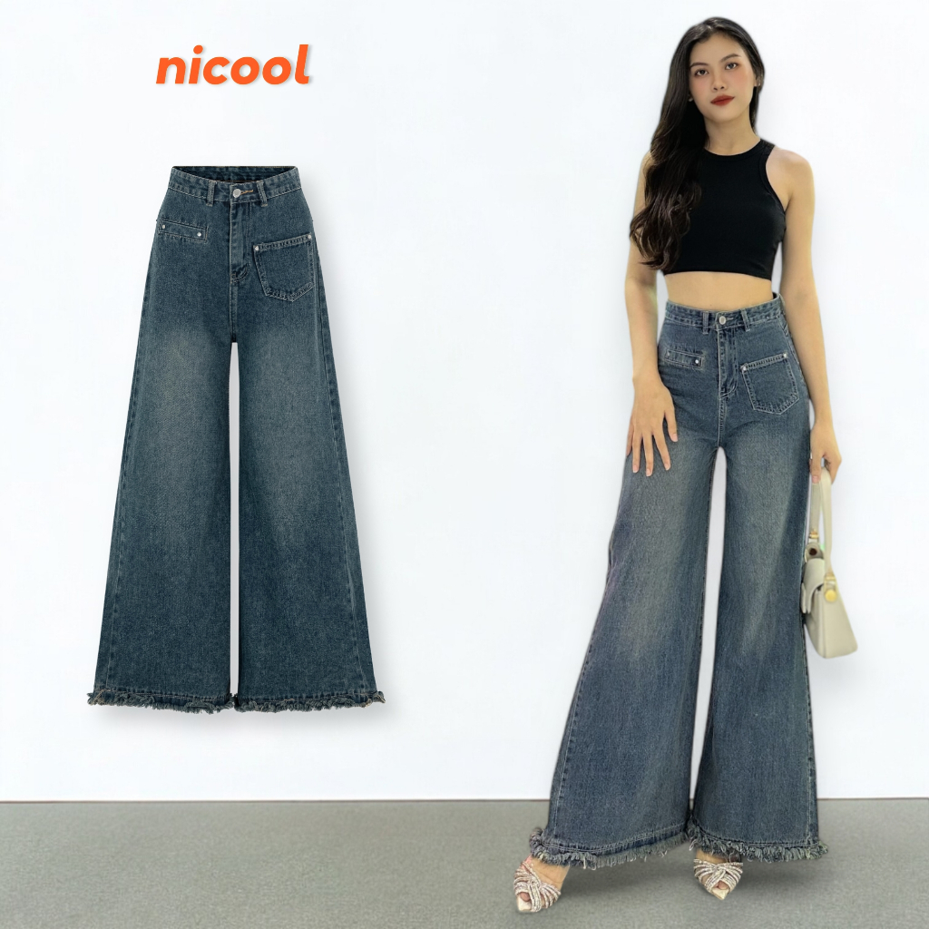 Quần jeans nữ suông ống loe rộng lai tua rua thời trang, quần bò NICOOL ...