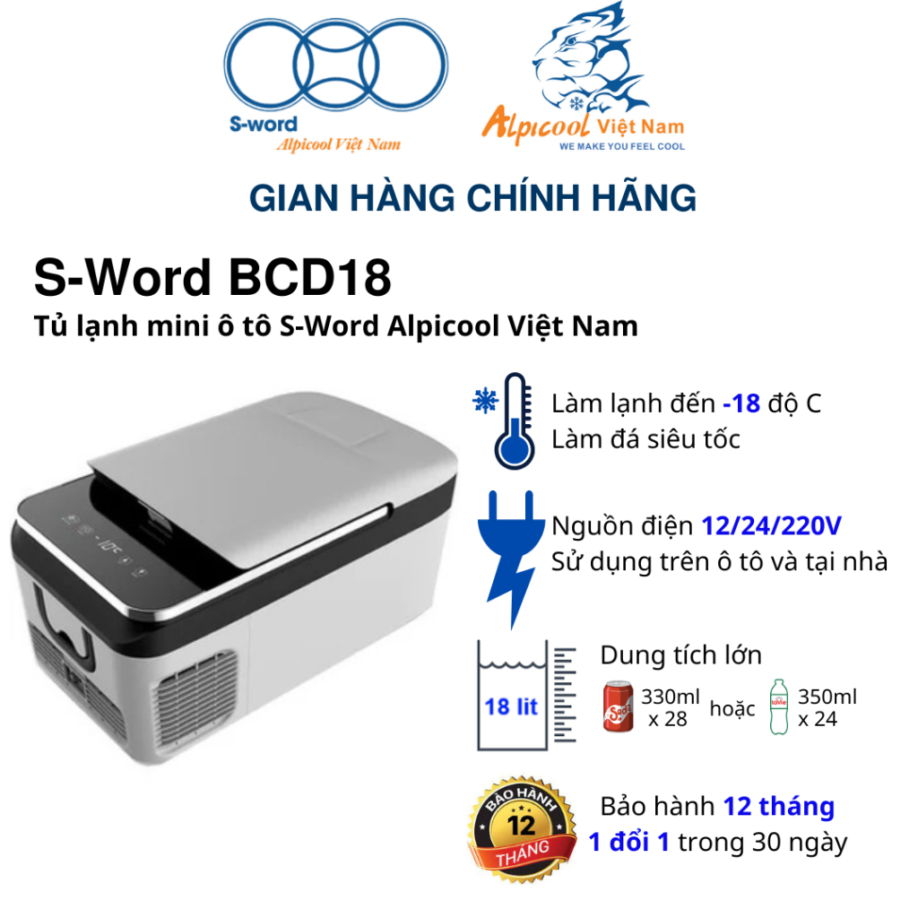 Tủ lạnh ô tô mini S-word dung tích 18 lít BCD18 - Làm đá, bảo quản thực phẩm, đồ uống, mỹ phẩm ...