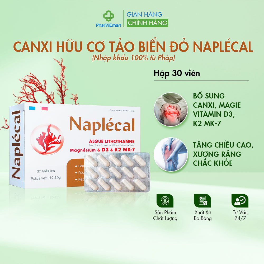 Viên Uống Bổ Sung Canxi Hữu Cơ Tảo Biển Đỏ Naplécal Giúp Khỏe Xương, Tăng Chiều Cao (Hộp 30 viên ...