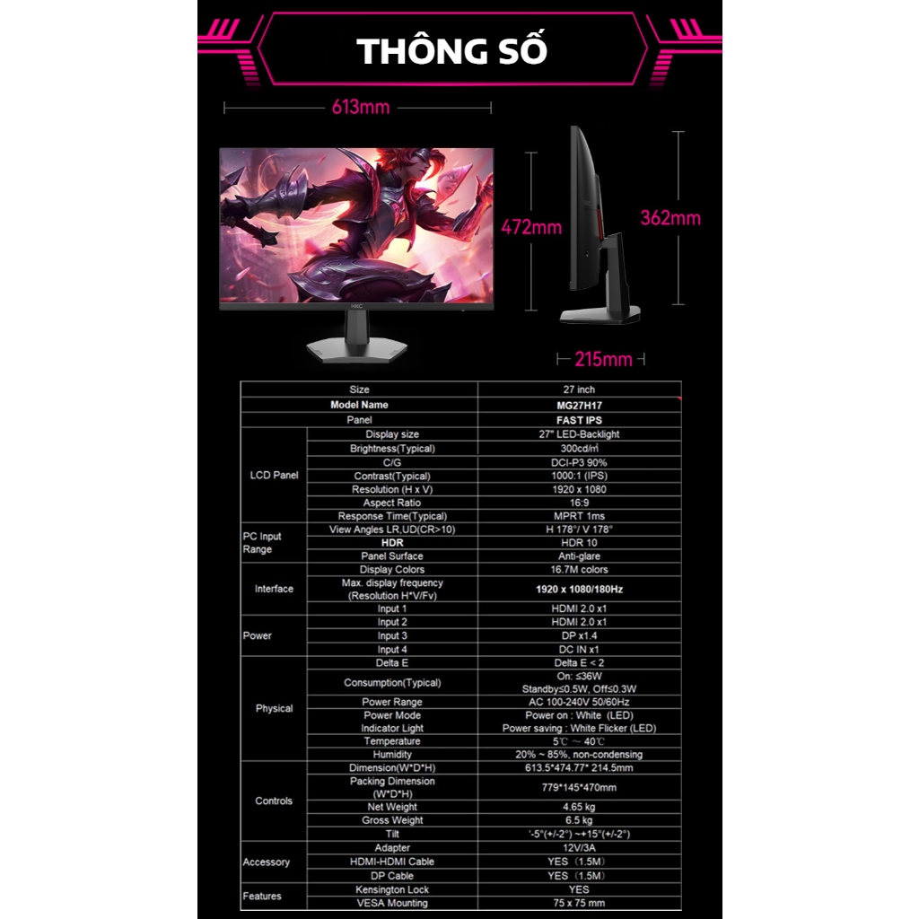 Màn Hình Gaming HKC MG27H17 | 27 inch, Full HD, Fast IPS, 180Hz, 1ms, Phẳng - Bảo hành 24 tháng ...