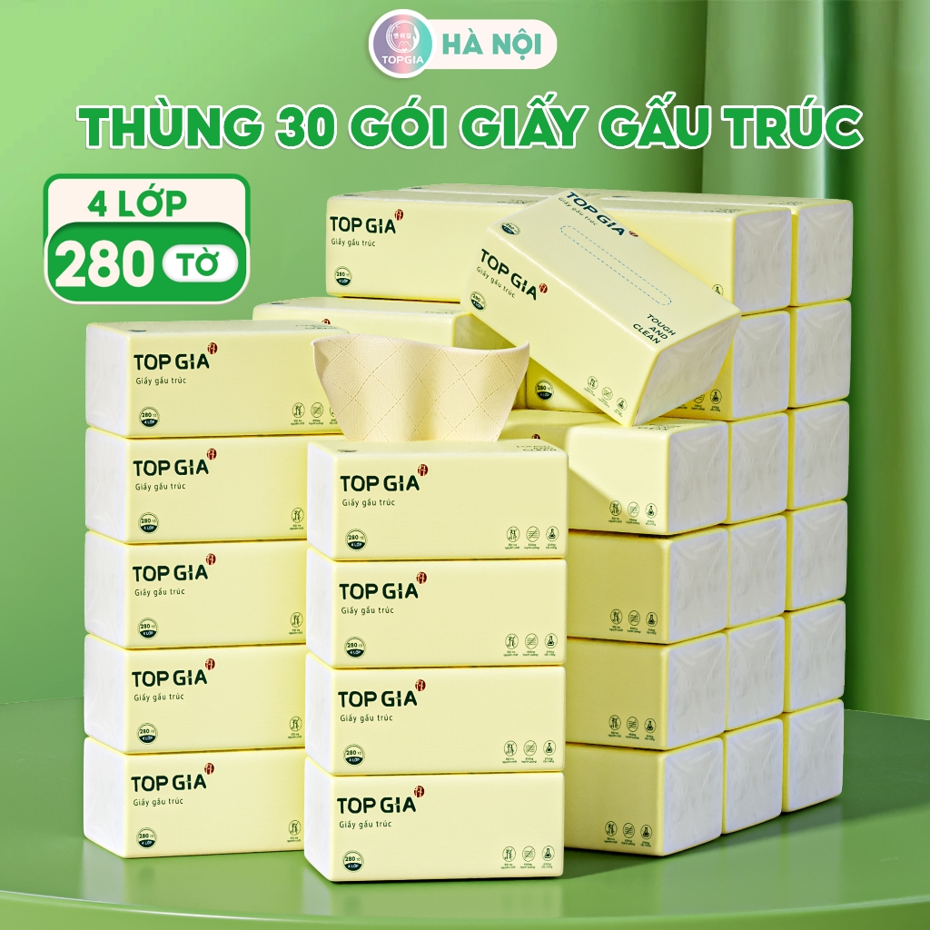 Giấy ăn gấu trúc TopGia thùng 30 gói 4 lớp từ bột tre, dai và thấm hút ...