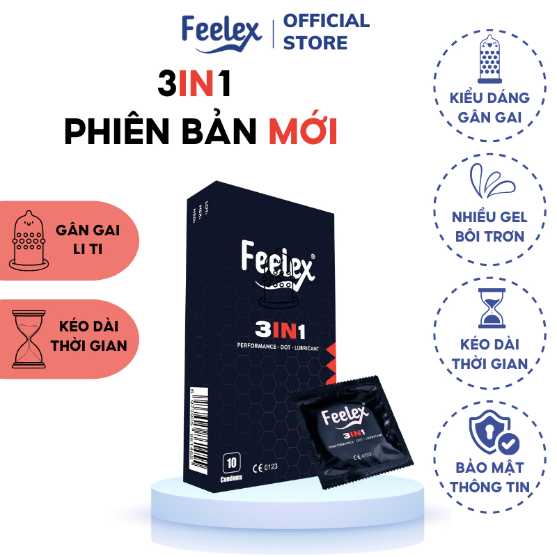 Bao cao su gai Feelex 3 in 1 gân gai, kéo dài thời gian, nhiều gel ...