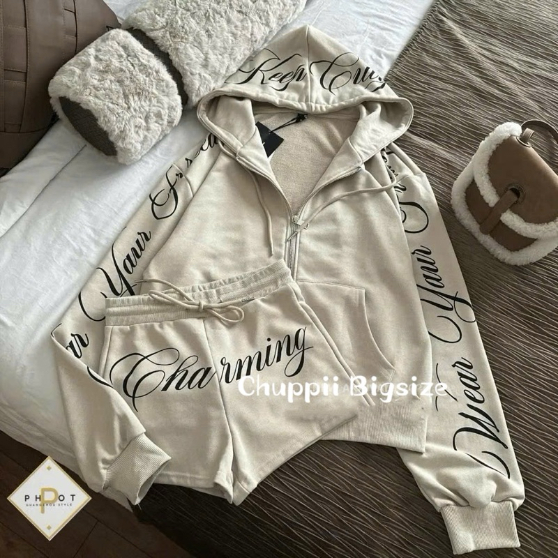 [ CHUPPII BIGSIZE ] SET NỈ KHOÁC MŨ TO KÈM QUẦN SOOC BIGSIZE | Shopee Việt Nam