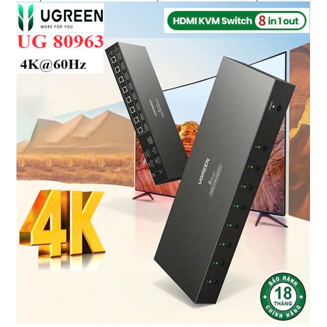 Bộ KVM HDMI 8 in 1 Ugreen 80963 CM546 (Switch HD 2.0 4K@60hz + nguồn 12V + 8 dây USB + 8 dây HD ...