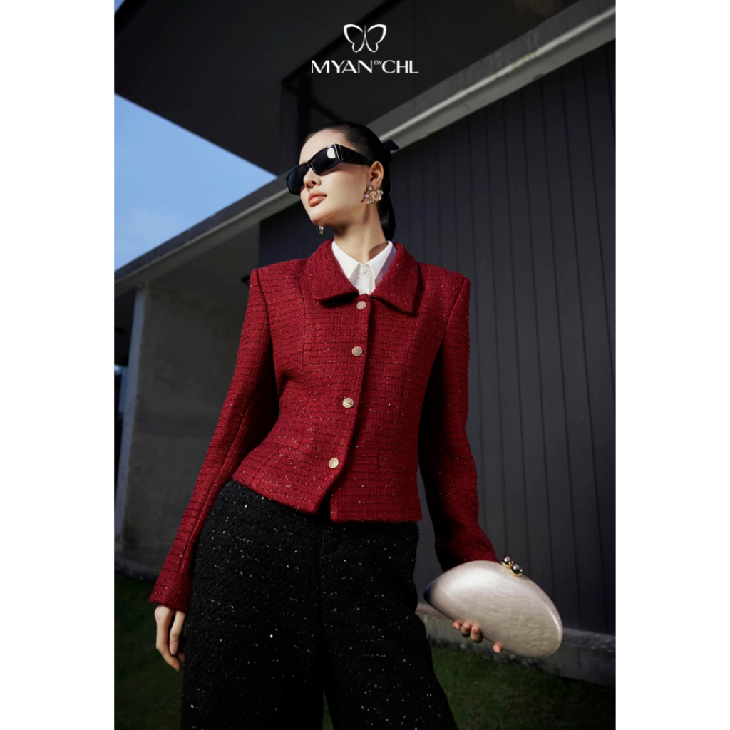 MYAN DESIGN Áo Khoác Dạ Tweed Đỏ Cổ Bẻ Dáng Ngắn Ôm Sang Chảnh ...